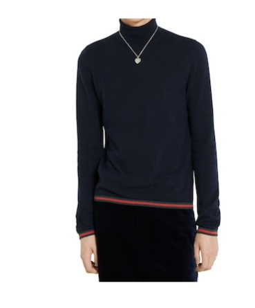 Gucci Fine Cashmere Turtleneck Jumper With Web Stripe Trim - Dark Blue