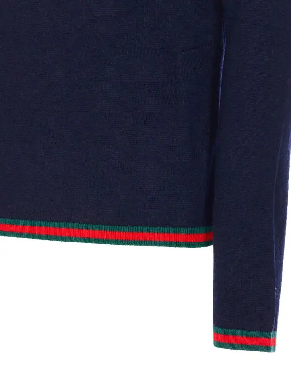 Gucci Fine Cashmere Turtleneck Jumper With Web Stripe Trim - Dark Blue