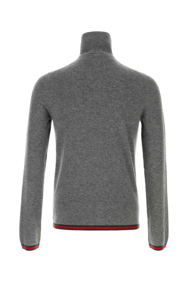 Gucci Fine Cashmere Turtleneck Jumper With Web Stripe Trim - Gray
