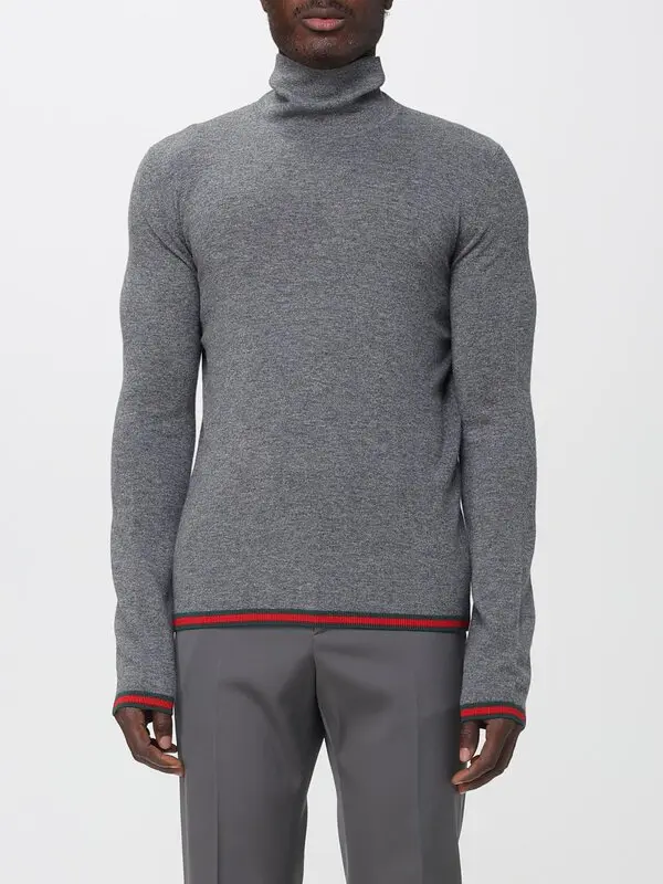 Gucci Fine Cashmere Turtleneck Jumper With Web Stripe Trim - Gray