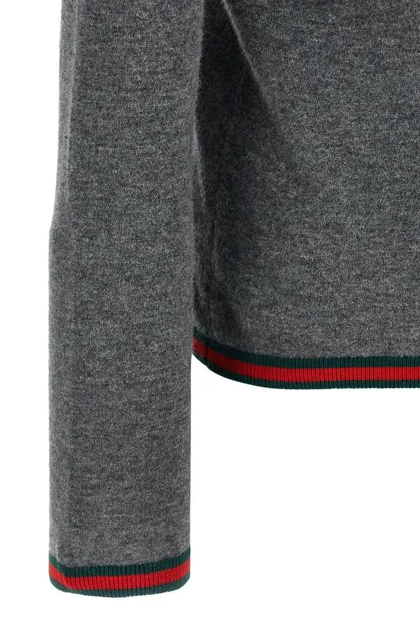 Gucci Fine Cashmere Turtleneck Jumper With Web Stripe Trim - Gray