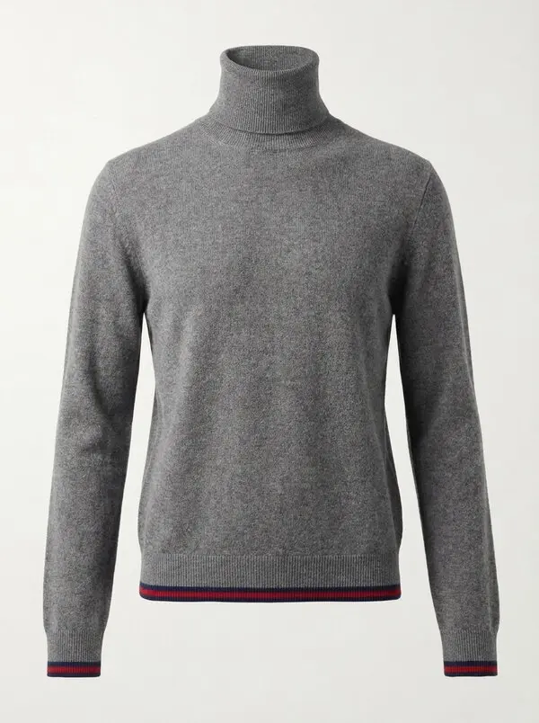 Gucci Fine Cashmere Turtleneck Jumper With Web Stripe Trim - Grey