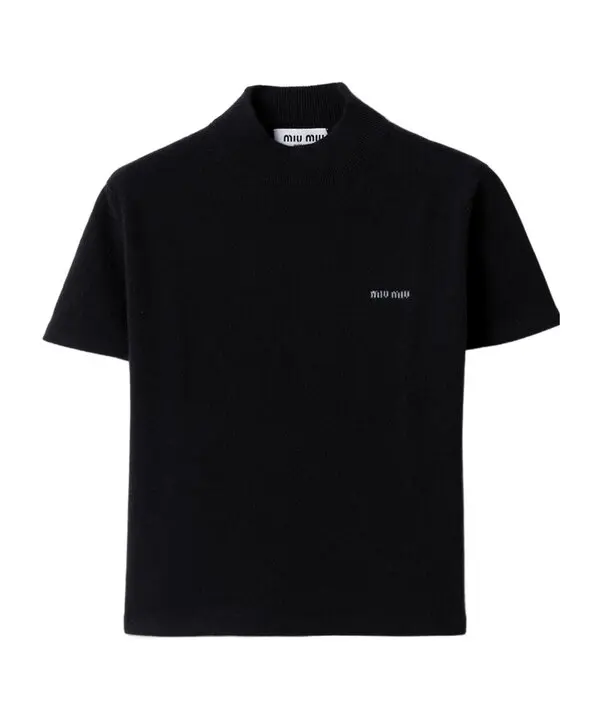 Miu Miu Logo-intarsia Short-sleeved Jumper - Navy Blue