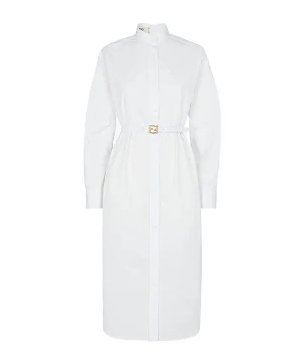 Fendi Band-collared Long-sleeved Midi Shirt Dress With Ff Buckle Belt - White