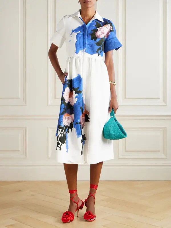 Erdem Pleated Floral Print Dress - White