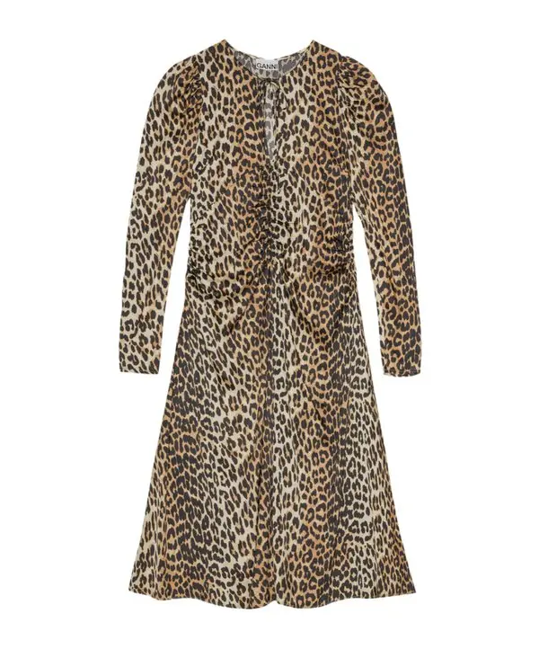 GANNI Printed Satin Ruched Midi Dress