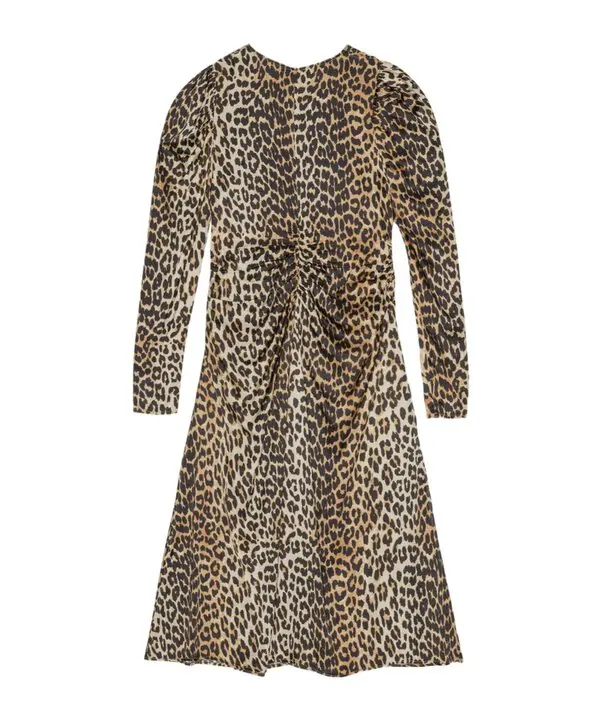 GANNI Printed Satin Ruched Midi Dress