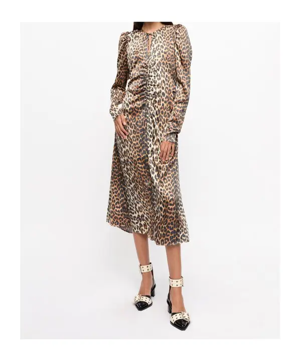 GANNI Printed Satin Ruched Midi Dress