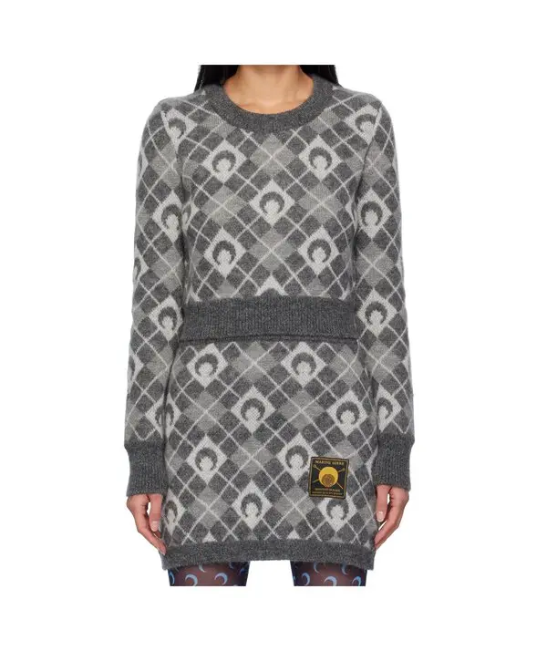 MARINE SERRE Jacquard Rhombus Plaid Logo Patterned Round Neck Sweater