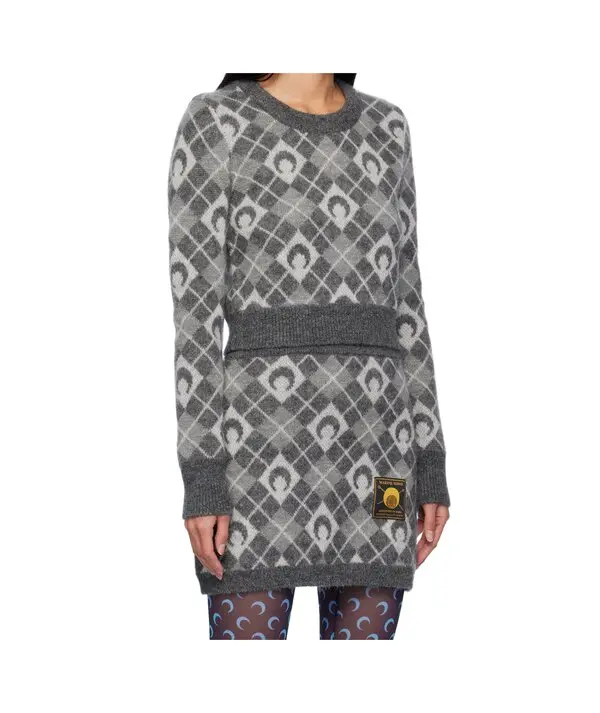 MARINE SERRE Jacquard Rhombus Plaid Logo Patterned Round Neck Sweater