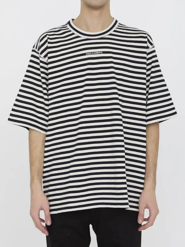 Dolce & Gabbana Dolce Gabbana Logo-embroidered Striped Crewneck T-shirt - Black