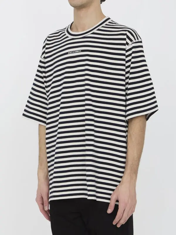 Dolce & Gabbana Dolce Gabbana Logo-embroidered Striped Crewneck T-shirt - Black