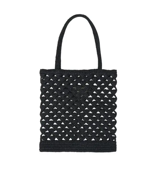 Prada Woven Fabric Crochet Tote Bag - Black