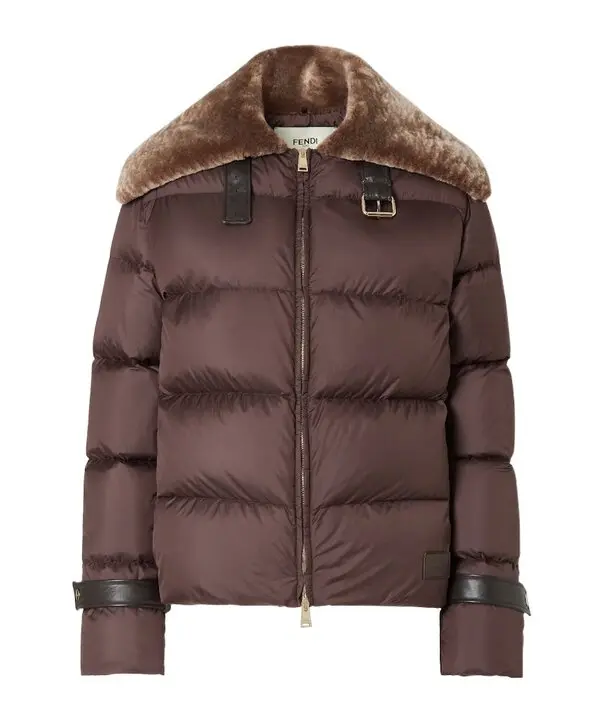 Fendi Zip-up Padded Jacket With Shearling Collar - Brown