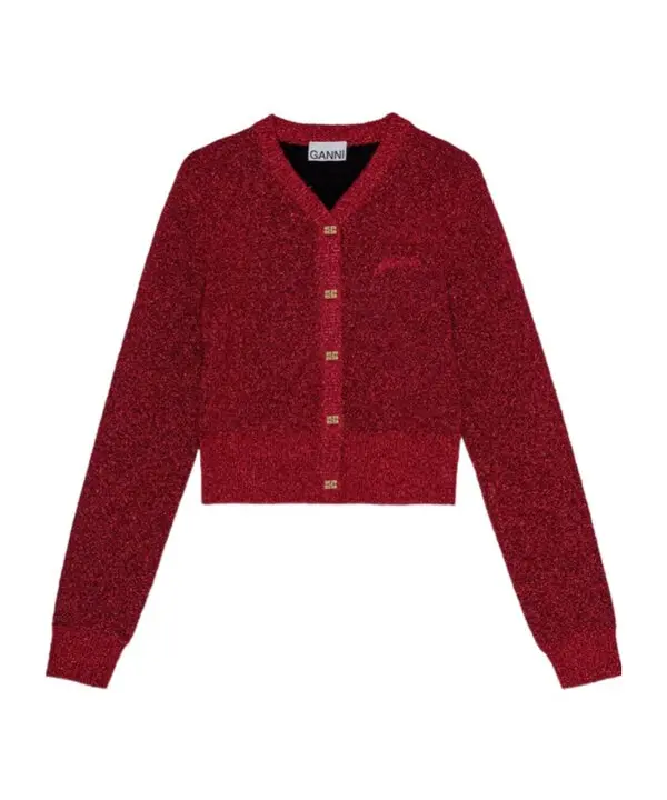GANNI Embroidered Logo Knit Cardigan - Red