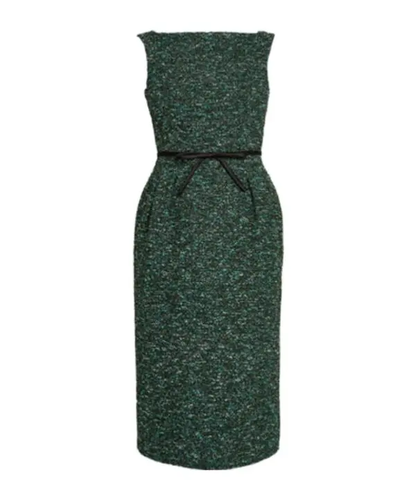 Erdem Tweed Belted Sleeveless Boatneck Dress - Green