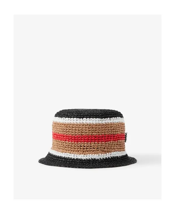 Burberry Logo Plaque Striped Woven Bucket Hat