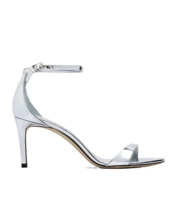 STUART WEITZMAN Metallic Round Toe Stiletto Sandals With Ankle Straps - Silver