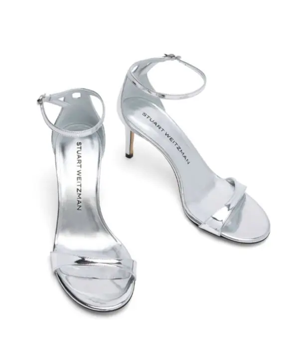 STUART WEITZMAN Metallic Round Toe Stiletto Sandals With Ankle Straps - Silver