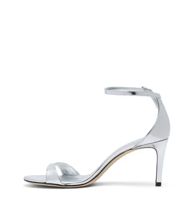 STUART WEITZMAN Metallic Round Toe Stiletto Sandals With Ankle Straps - Silver