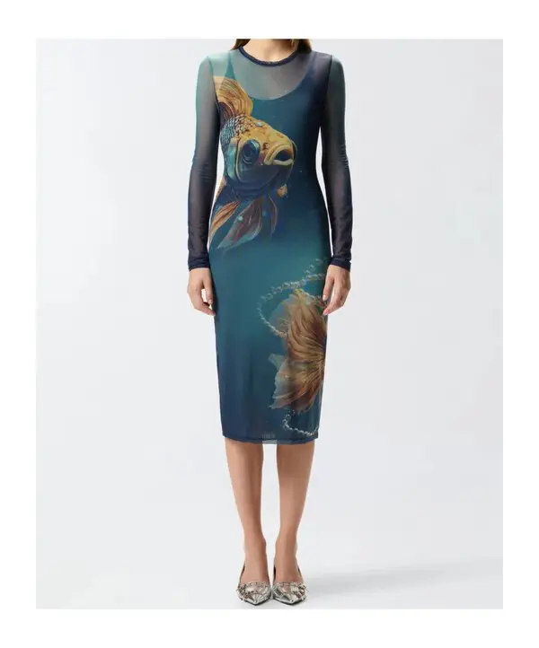 Pinko Fish-print Mesh Midi Dress