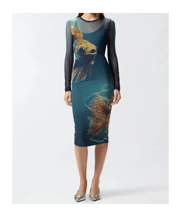 Pinko Fish-print Mesh Midi Dress