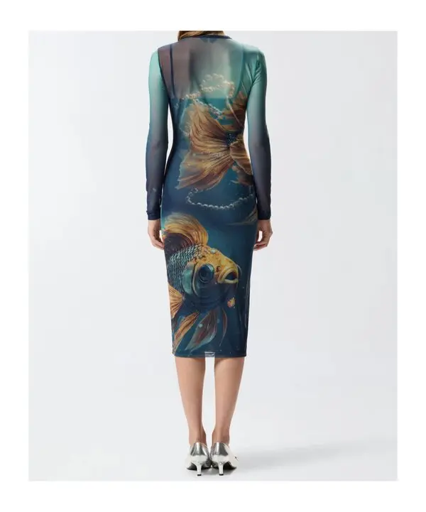 Pinko Fish-print Mesh Midi Dress