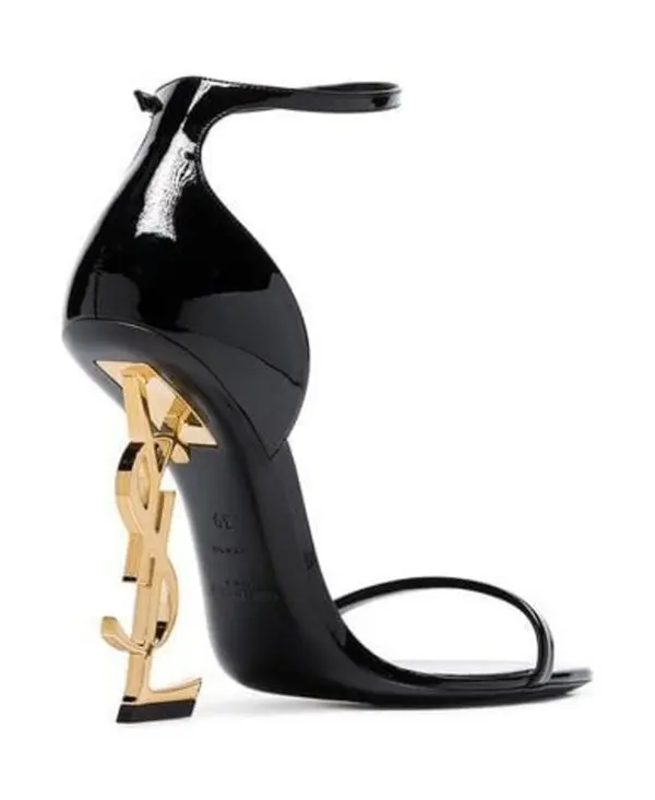 Saint Laurent Opyum Patent Leather Open Toe Sandals With Cassandre Heel - Black