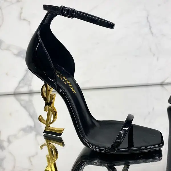 Saint Laurent Opyum Patent Leather Open Toe Sandals With Cassandre Heel - Black