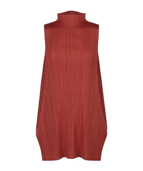 PLEATS PLEASE BY ISSEY MIYAKE Sleeveless Mock Neck Tunic Top - Deep Red