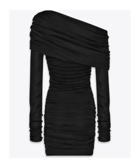 Saint Laurent Ruched One-shoulder Dress In Silk Muslin - Black