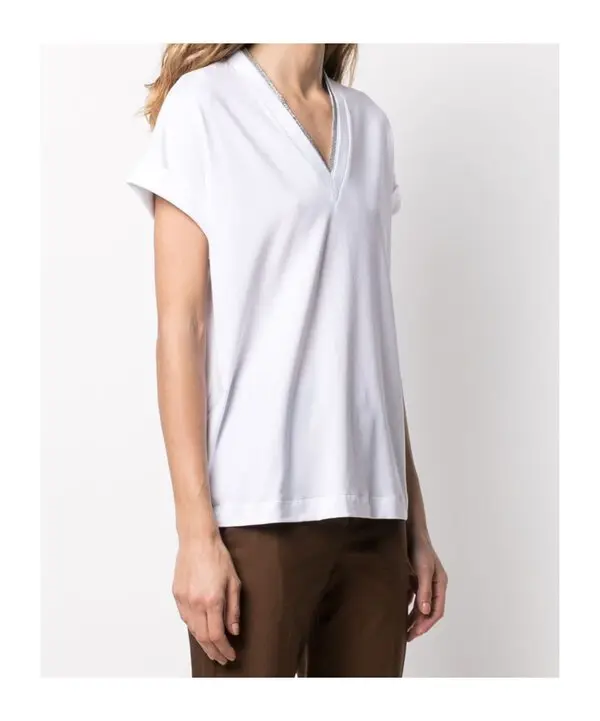 Brunello Cucinelli Embellished V-neck T-shirt - White