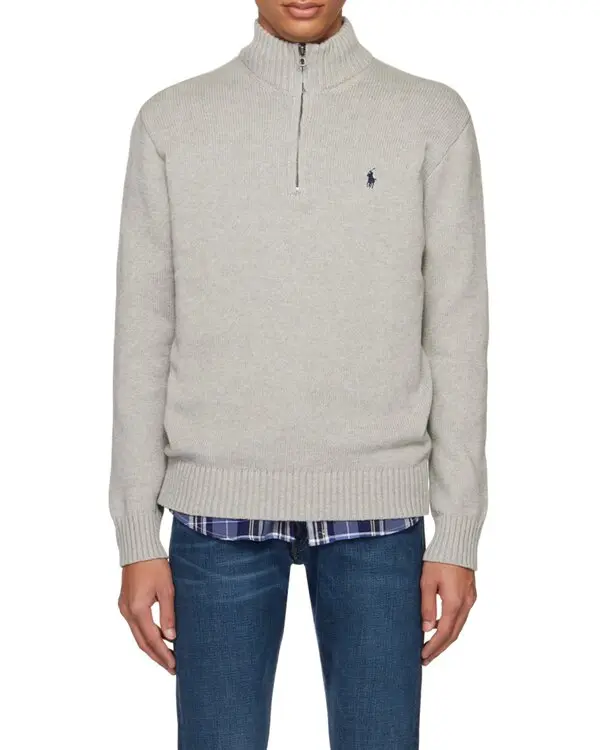 Polo Ralph Lauren Quarter Zip Cotton Jumper With Embroidered Pony Logo - Gray