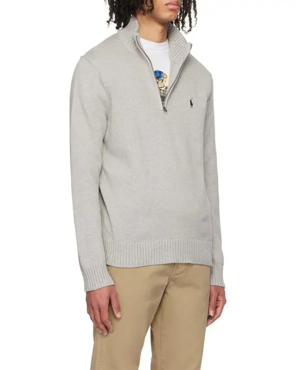 Polo Ralph Lauren Quarter Zip Cotton Jumper With Embroidered Pony Logo - Gray