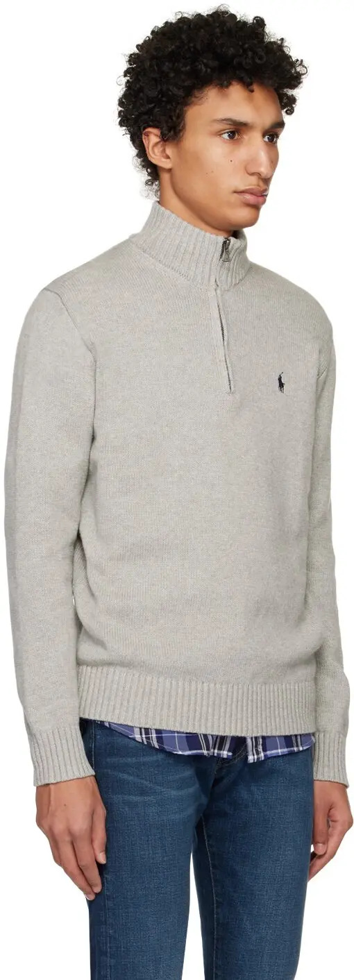 Polo Ralph Lauren Quarter Zip Cotton Jumper With Embroidered Pony Logo - Gray
