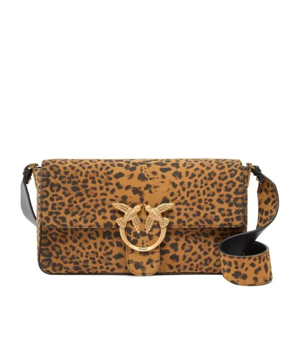 Pinko Leopard Printed Shoulder Bag With Love Birds Plaque - Brown