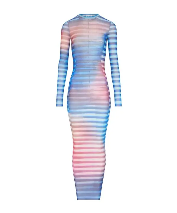 JEAN PAUL GAULTIER Long Sleeve Striped Tulle Maxi Dress - Blue