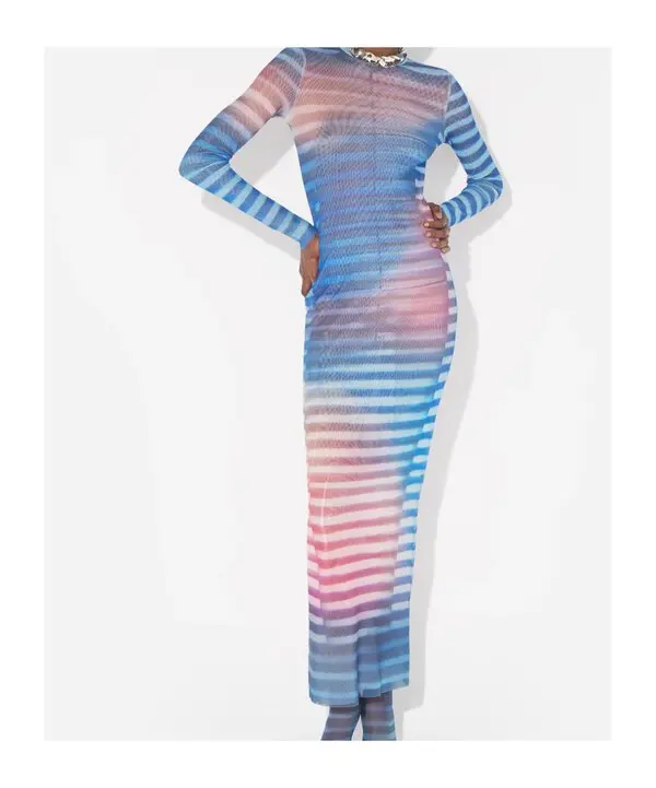 JEAN PAUL GAULTIER Long Sleeve Striped Tulle Maxi Dress - Blue