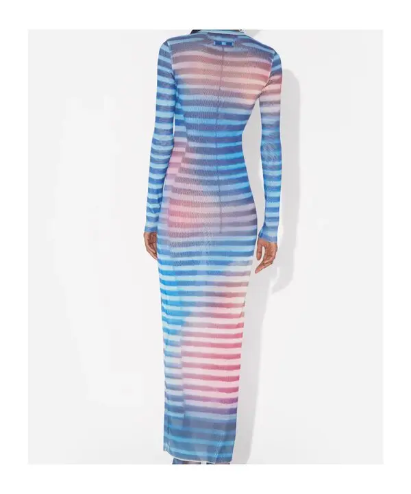 JEAN PAUL GAULTIER Long Sleeve Striped Tulle Maxi Dress - Blue