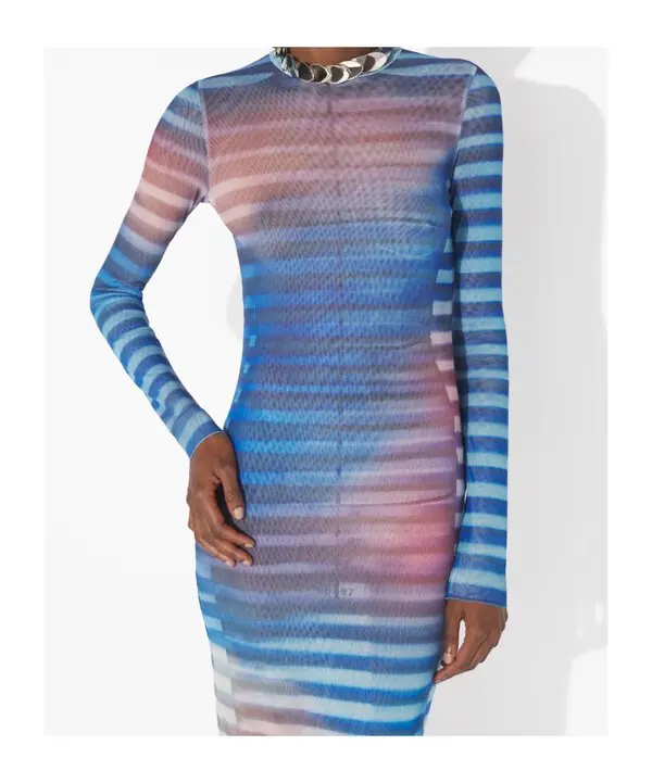 JEAN PAUL GAULTIER Long Sleeve Striped Tulle Maxi Dress - Blue