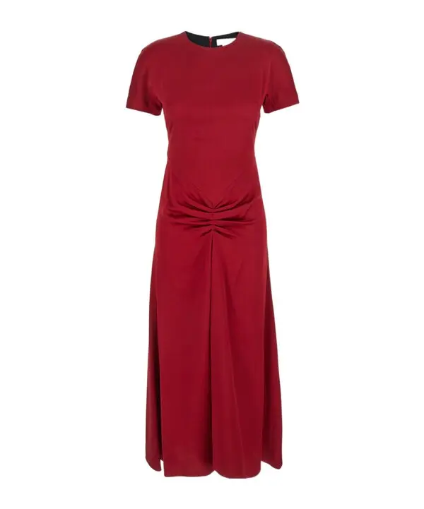 Victoria Beckham Short Sleeve Gathered Waist Dress - Red