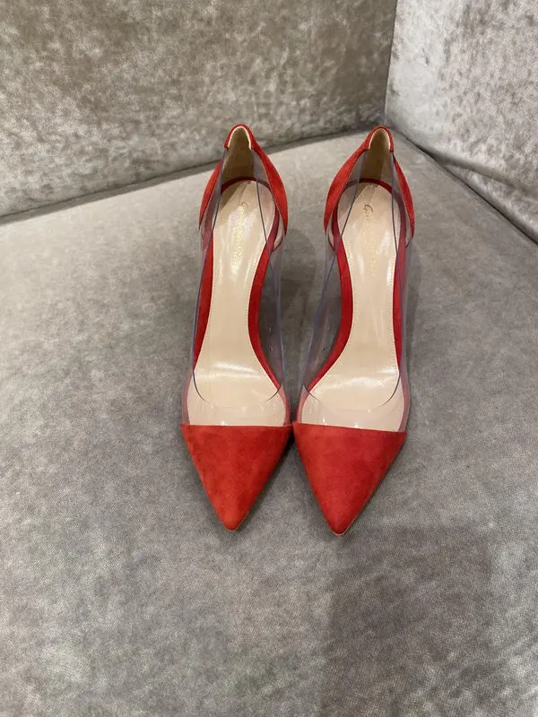 GIANVITO ROSSI Suede Pointed High Heel Pumps With Transparent Panels - Red
