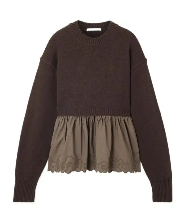 Cecilie Bahnsen Embroidered Cashmere And Wool-blend And Shell Peplum Sweater - Black