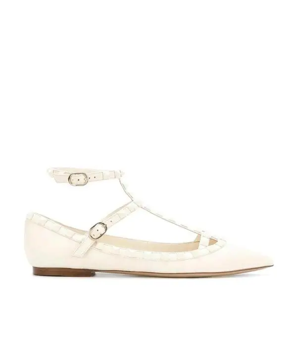 Valentino Garavani Rockstud Pointed Toe Flat Shoes With Ankle Straps - Ivory White