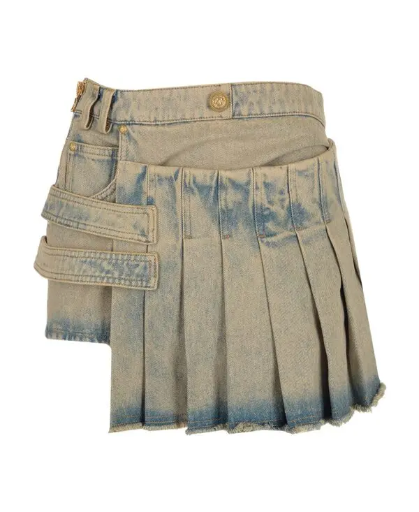 Balmain Pleated Asymmetrical Denim Miniskirt