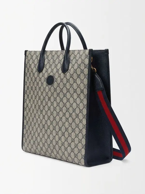 Gucci Gg Supreme Tote Bag With Oval Leather Sign - Beige/blue