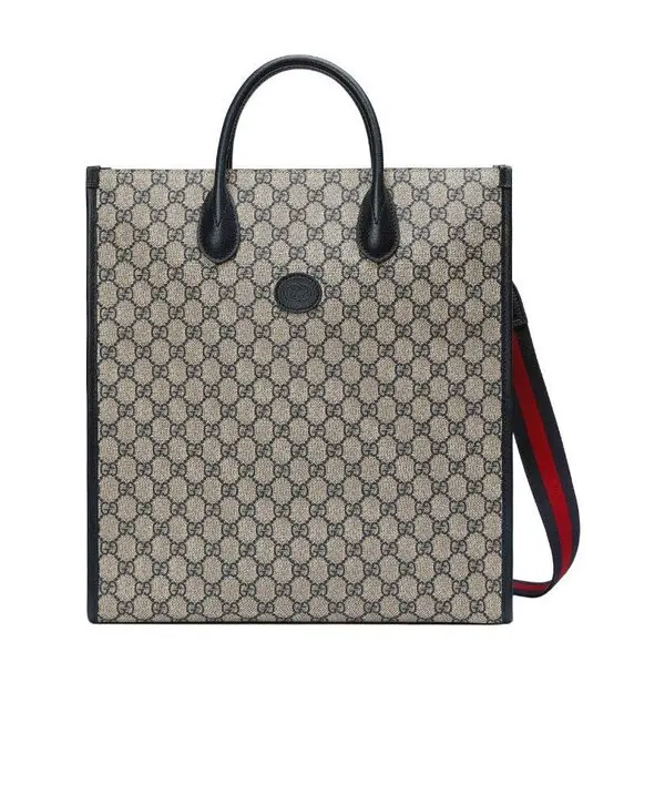 Gucci Gg Supreme Tote Bag With Oval Leather Sign - Beige/blue