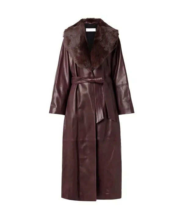 Nour Hammour Briona Belted Shearling-trimmed Leather Coat - Red