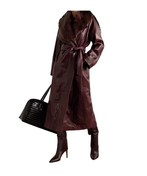 Nour Hammour Briona Belted Shearling-trimmed Leather Coat - Red