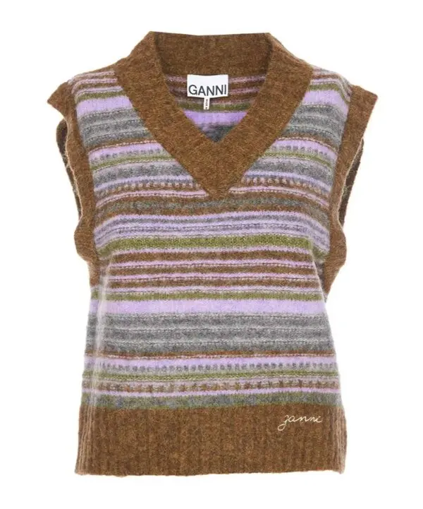 GANNI Striped Knit Vest - Gray